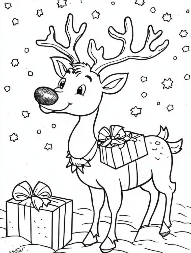 Schattige 20+ kleurplaat kerst rendier voor kinderen - Kleurplaat.org